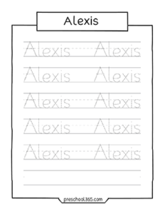 Alexis preschool name tracing sheet | Preschool365