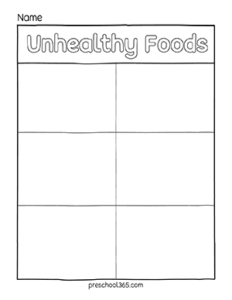 Free healthy food and unhealthy food activity sheets for preschool