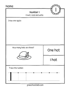 preschool-number-1-count-and-write-activity-sheets-2a | Preschool365