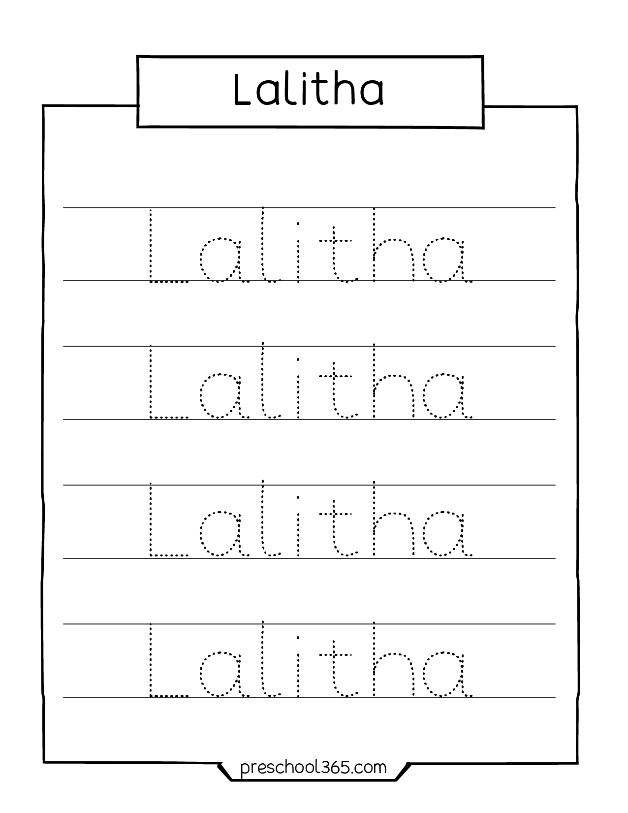 Lalitha Preschool name tracing sheet | Preschool365