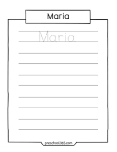 Free preschool tracing name sheet Maria | Preschool365