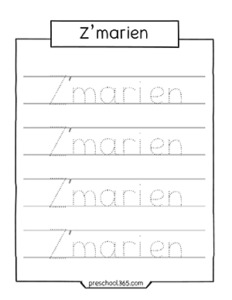 Free Z'marien name tracing sheets for preschoolers | Preschool365