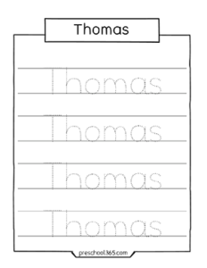 Thomas Preschool Name Tracing Practice Sheet | Preschool365