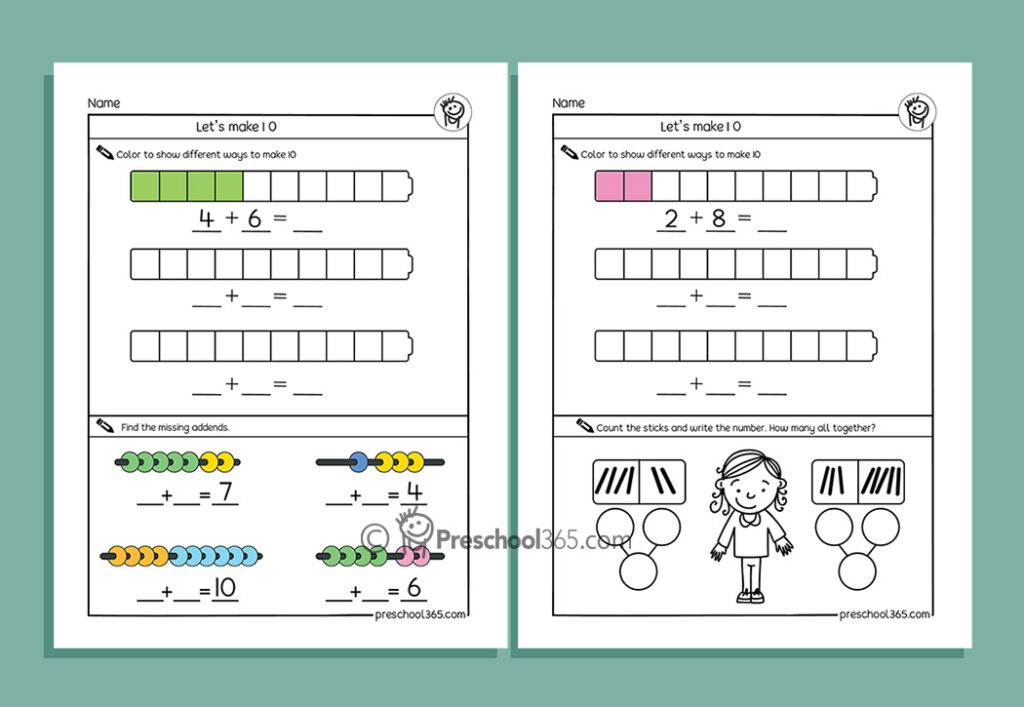 Adding Up To 10 Revision Packet (4-6year-olds)