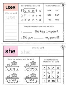 Sight Words Activity Sheets for kindergarten and first grade