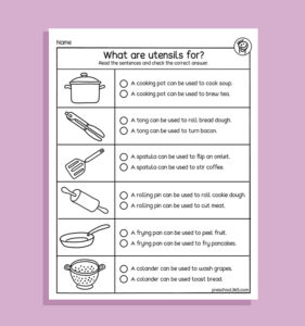 Kitchen Utensils Activity Packet for 5-7yr-olds