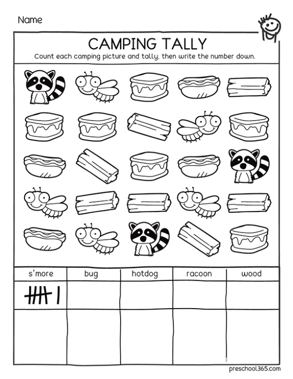 Free Camping Theme worksheets for kindergarten and 1st grade