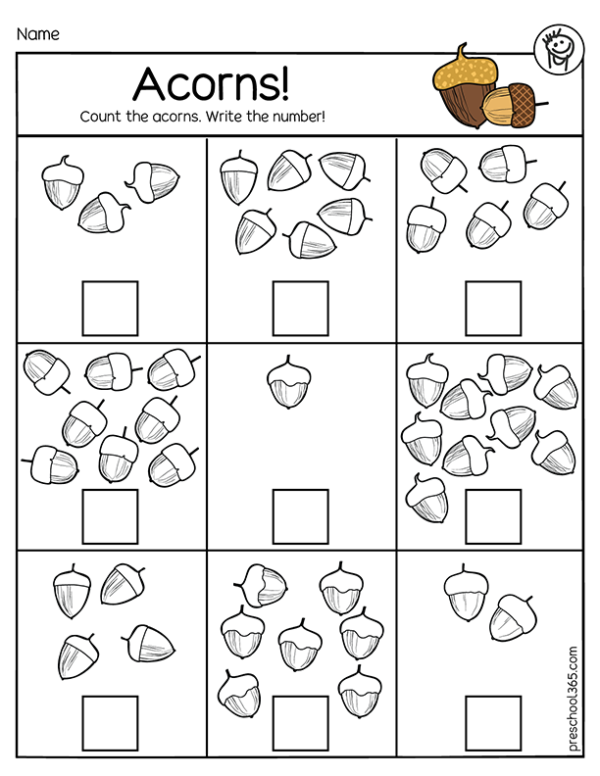 Free Acorn Theme activity worksheets for kids in PreK