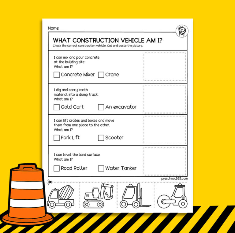 Construction Theme Activity Packet for 4-7yr-old