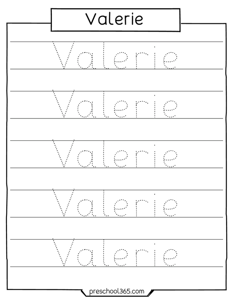 Free-quality-preschool-name-trace-activity-sheet-Valerie | Preschool365
