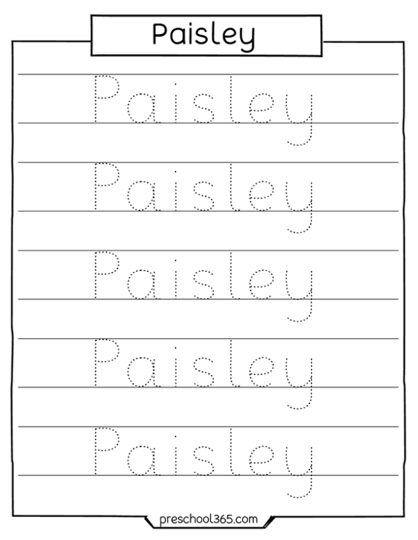 Emelia Paisley Carin Ava Emeran Rosemary Preschool name tracing sheett