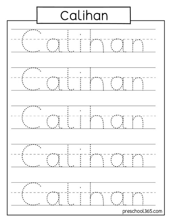 Calihan Cayman Nathaniel Noah Crue Raiden PRESCHOOL NAME TRACING SHEETS
