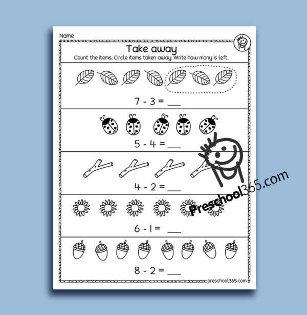 Kindergarten Subtraction Math Packet (5-7yr-olds)